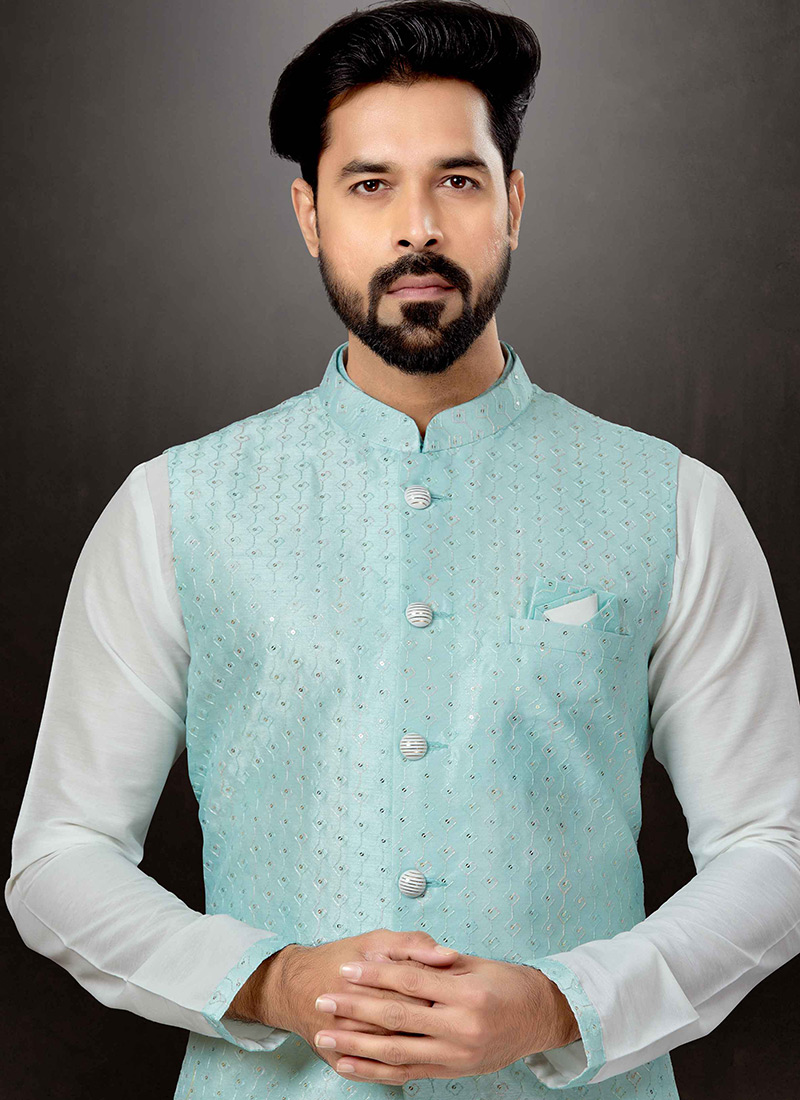 Shop Firozi Blue Silk Sequins Work Bandi Set Party Wear Online at Best ...