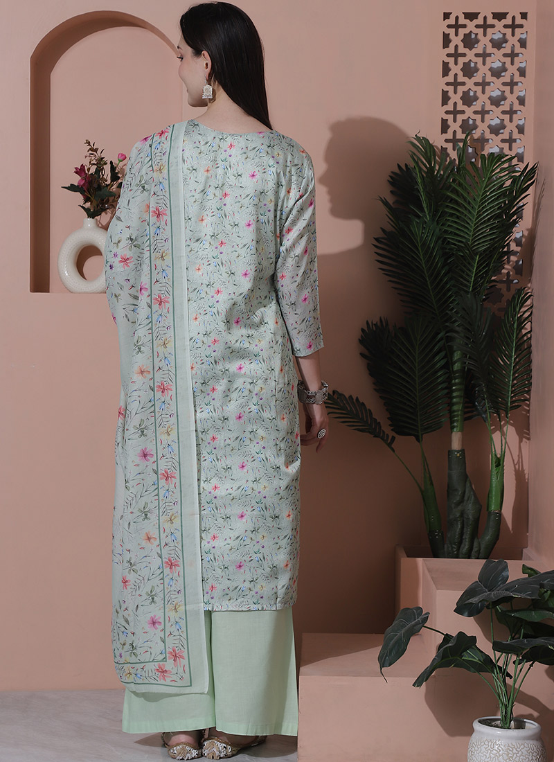 Shop Floral Print Mint Green Satin Palazzo Suit With Dupatta After Six ...