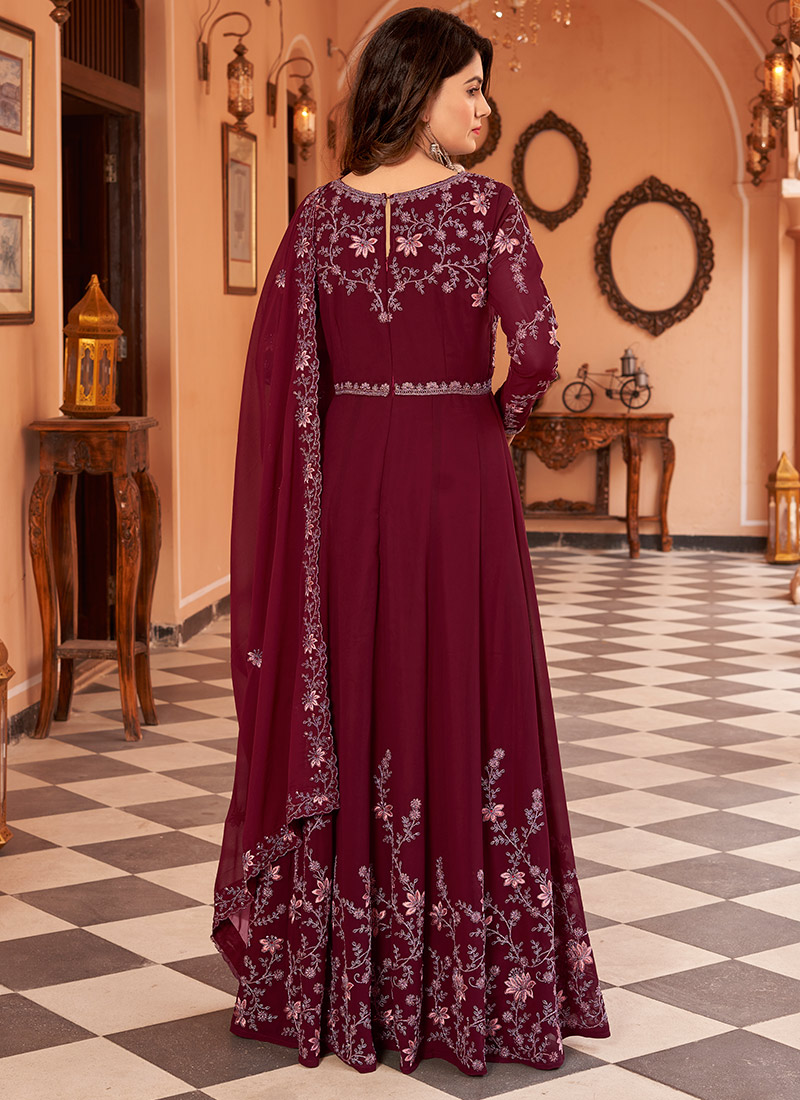 Shop Floral Zari Embroidered Maroon Anarkali Suit Party Wear Online at ...