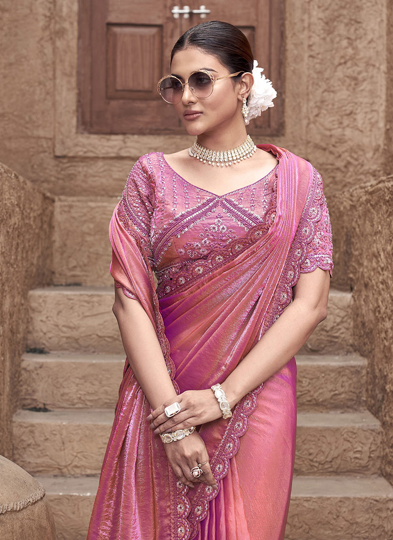 Buy Gajri Pink Gradient Satin Silk Embroidered Beads Sequins Saree ...