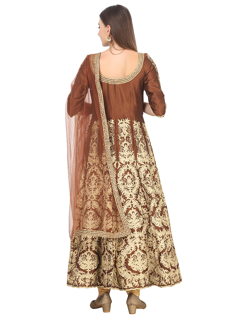 Shop Gold N Brown Raw Silk Embroidery Anarkali Suit Party Wear in UK ...