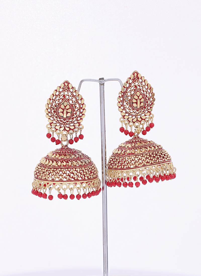 Shop Gold N Red Jhumka Earrings Online at Best Price | Cbazaar