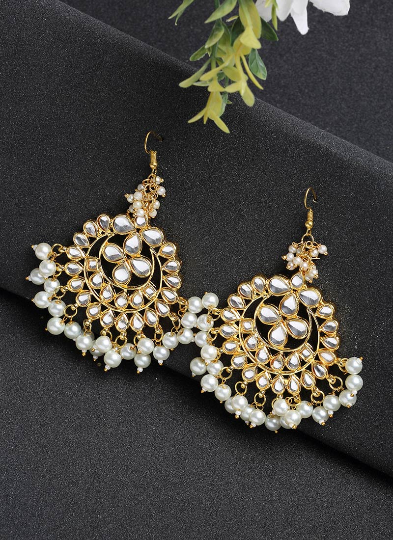 Shop Gold Plated Kundan White Stone And Pearl Chaand Bali An Ethnic ...