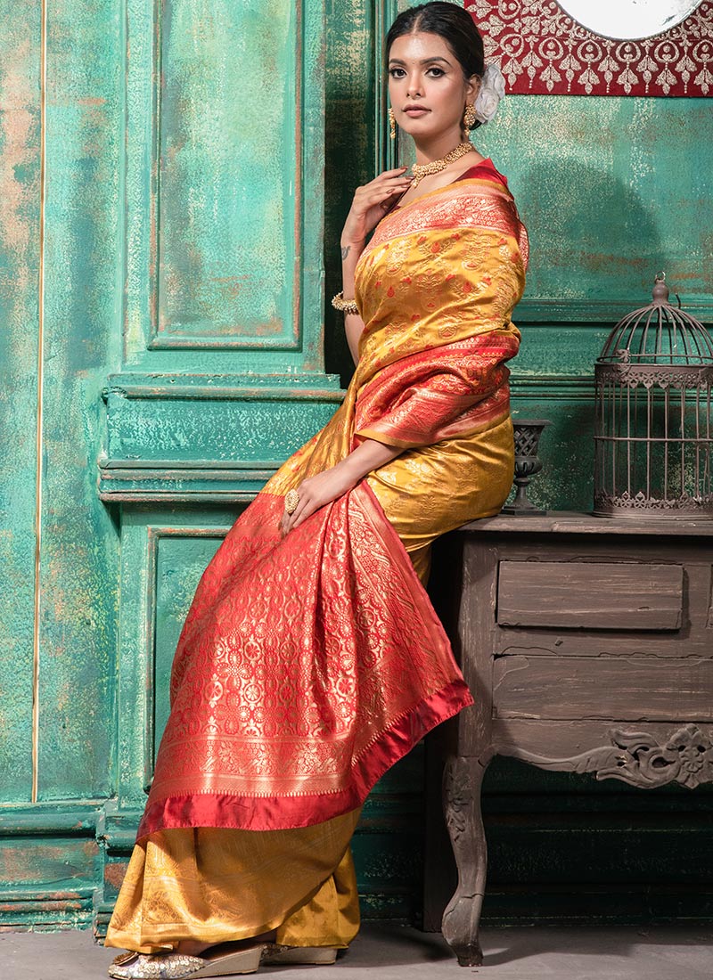 Buy Golden Mustard Benarasi Silk Blend Zari Saree Festive Wear Online ...