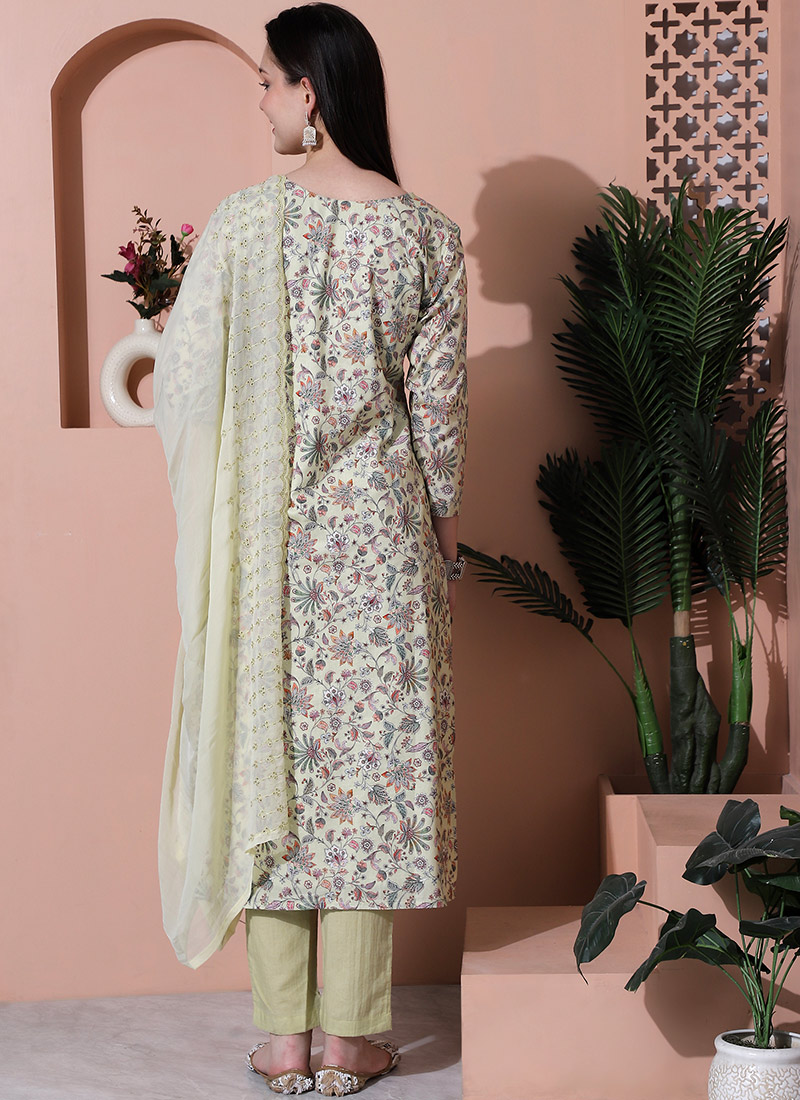 Buy Green Blended Cotton Floral Digital Print Straight Pant Suit After ...