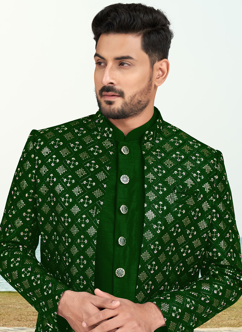 Shop Green Champion Silk Embroidered Sequins Indowestern Sherwani ...