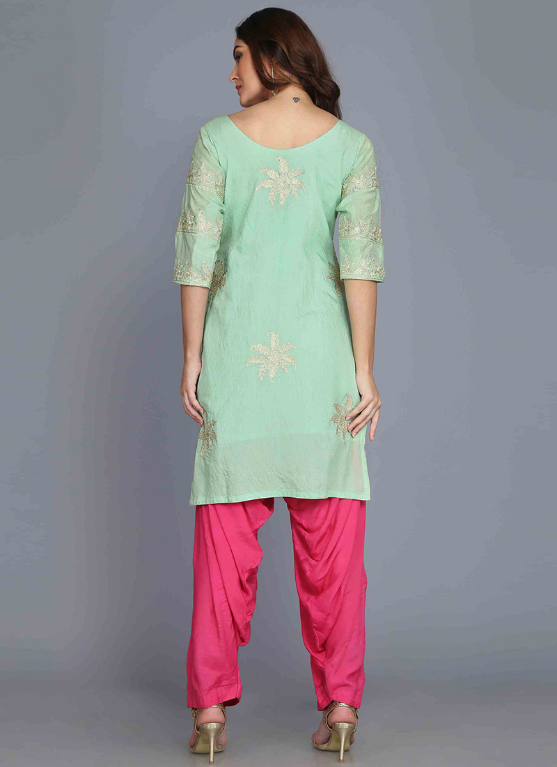 Shop Green Chanderi Cotton Aari Embroidery Kurta Salwar Set Party Wear ...