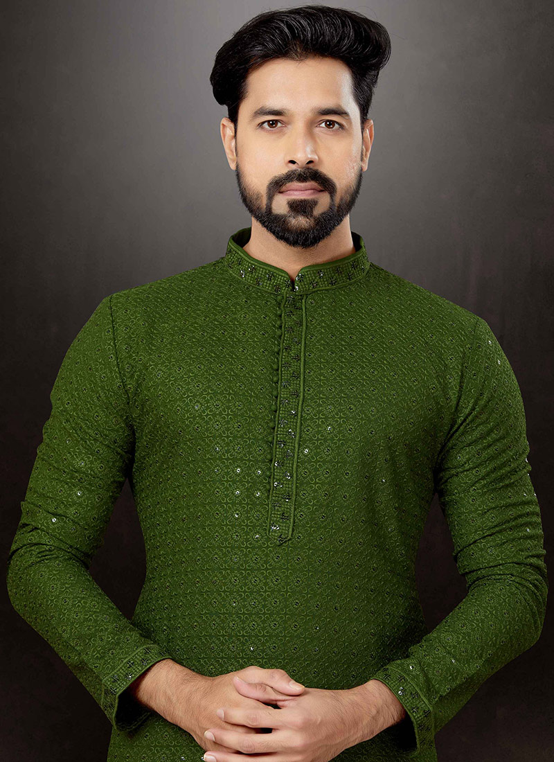 Buy Green Cotton Lucknowi Embroidery Kurta Pyjama Party Wear Online at ...