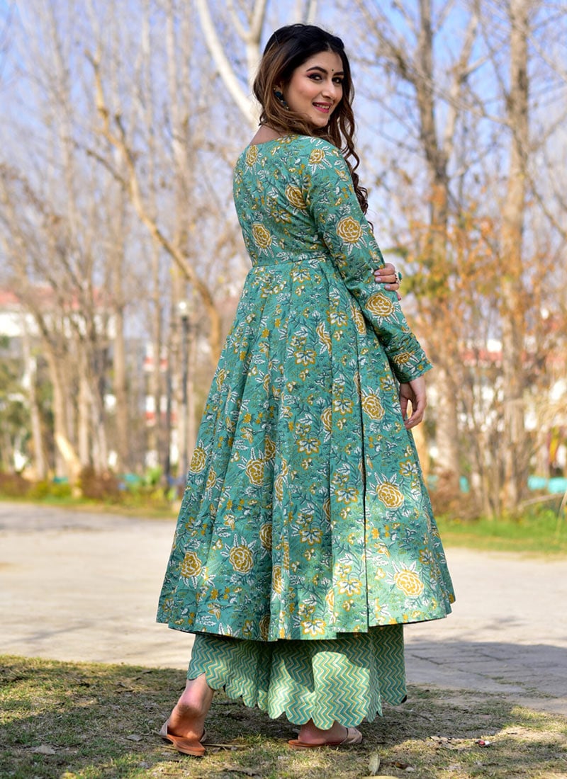 Buy Green Cotton Silk Digital Printed Kurta Palazzo Set Work Wear ...