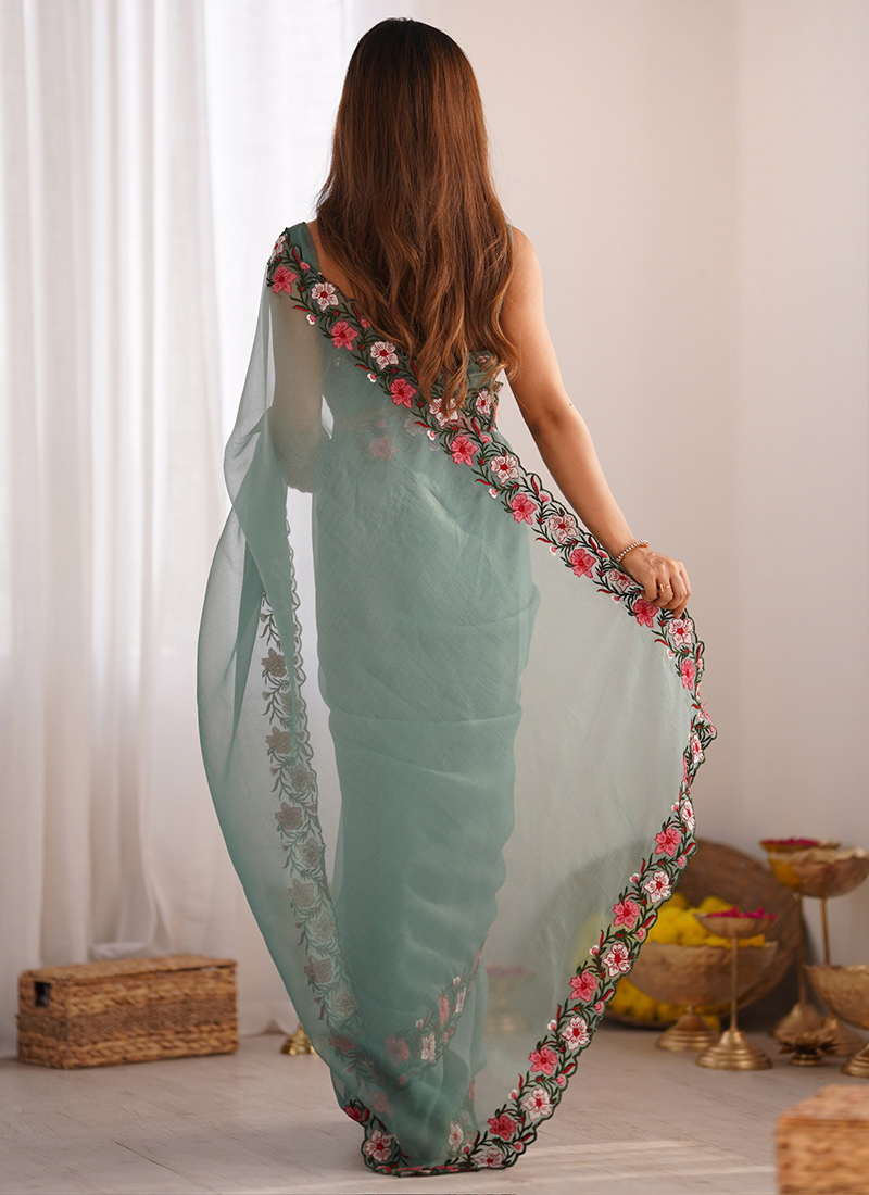 Shop Green Crush Thread Embroidered Saree After Six Wear Online at Best ...