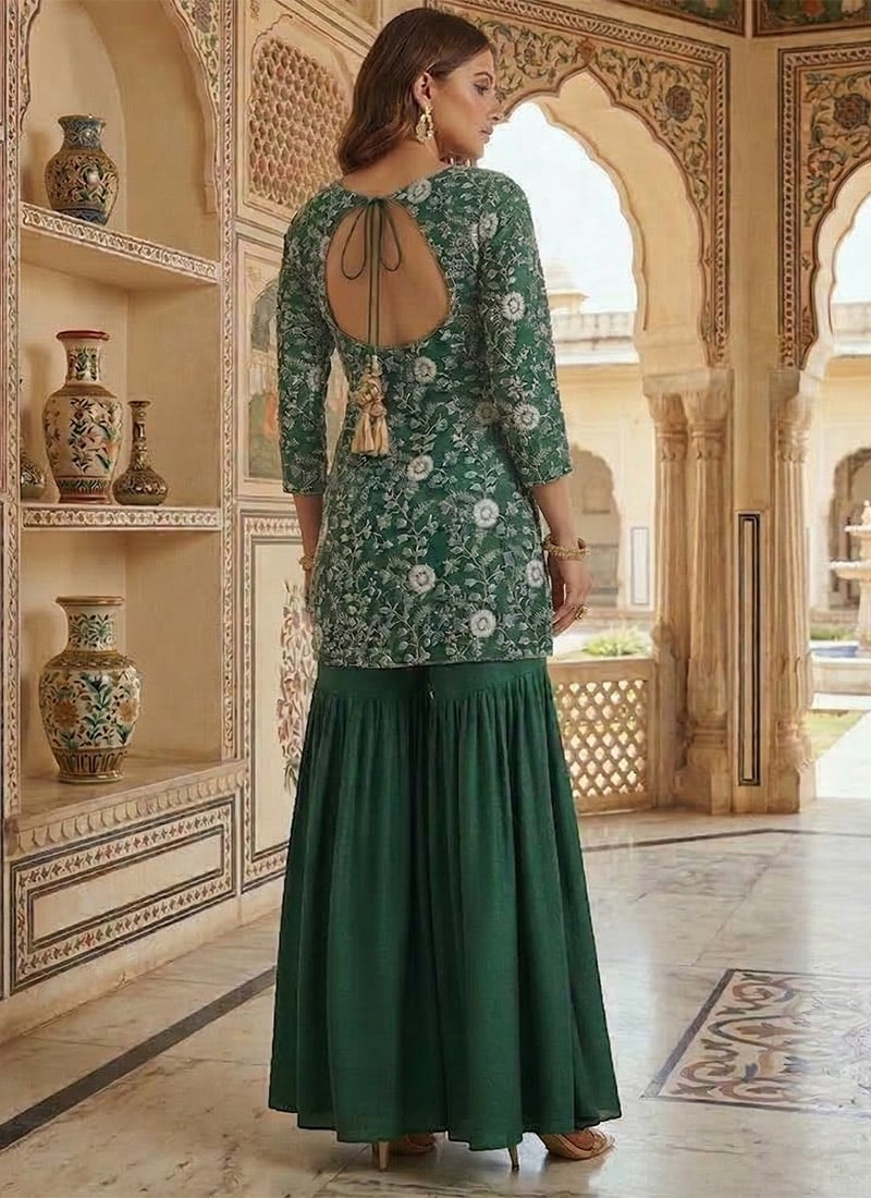 Shop Green Fandy Silk Embroidered Sharara Suit Festive Wear Online at ...