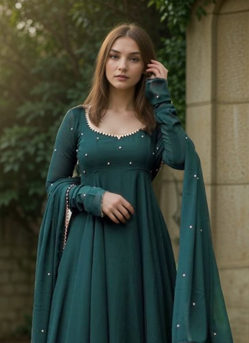 Shop Green Faux Georgette Beads Hand Embroidered Anarkali Suit Festive ...