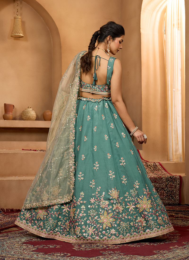 Shop Green Georgette Sequins Stones Embroidered Cut Work Umbrella ...