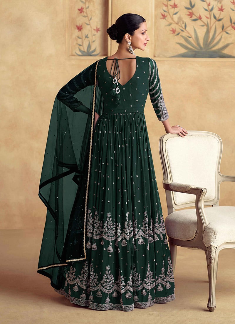 Shop Green Georgette Zari Embroidered Sequins Abaya Style Anarkali Suit ...