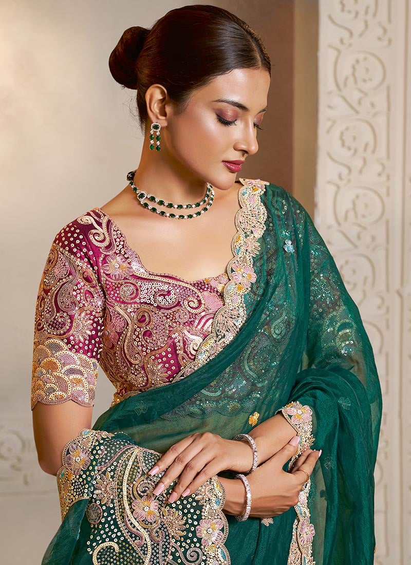 Shop Green Organza Satin Hand Sequins Embroidered With Zari Stone Work ...