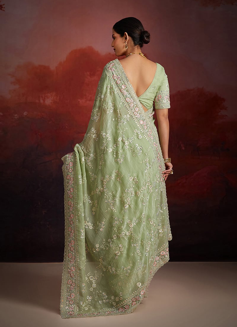 Buy Green Organza Zarkan Thread Work Embroidered Sequins Saree For ...