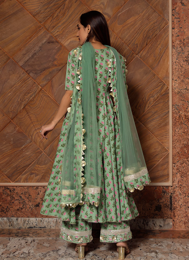 Buy Green Pure Cotton Hand Block Printed Anarkali Suit Party Wear ...
