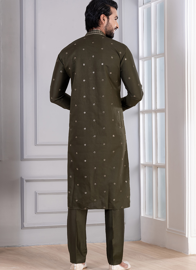 Buy Green Silk Cotton Sequins Kurta Pyjama Festive Wear Online at Best ...