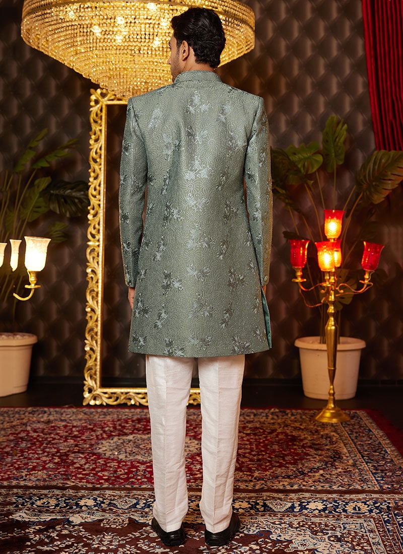 Buy Green Silk Embroidered And Sequins Thread Indowestern Sherwani ...