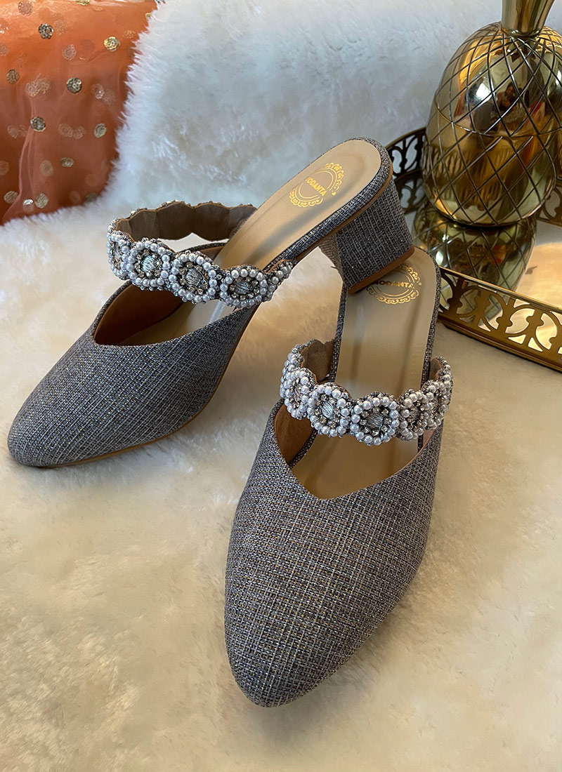 Shop Grey Artificial Jute Stones Embroidered Block Heels Online at Best ...