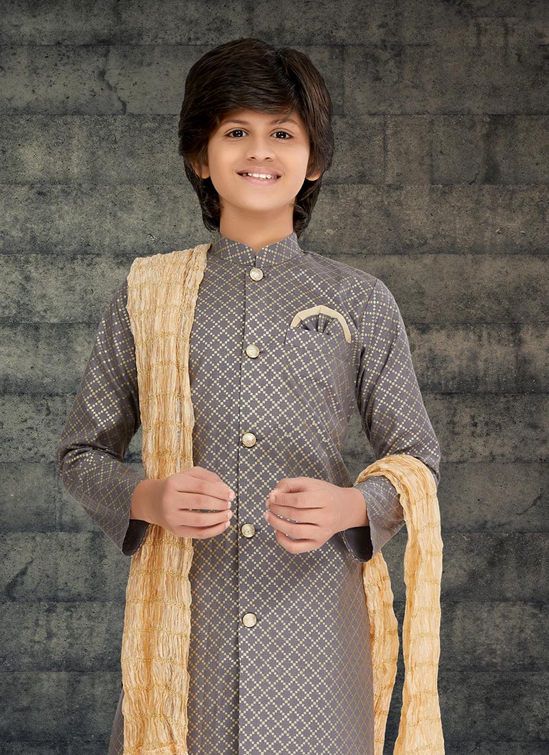 Shop Grey Cotton Kids Boys Indowestern Sherwani Festive Wear in UK ...