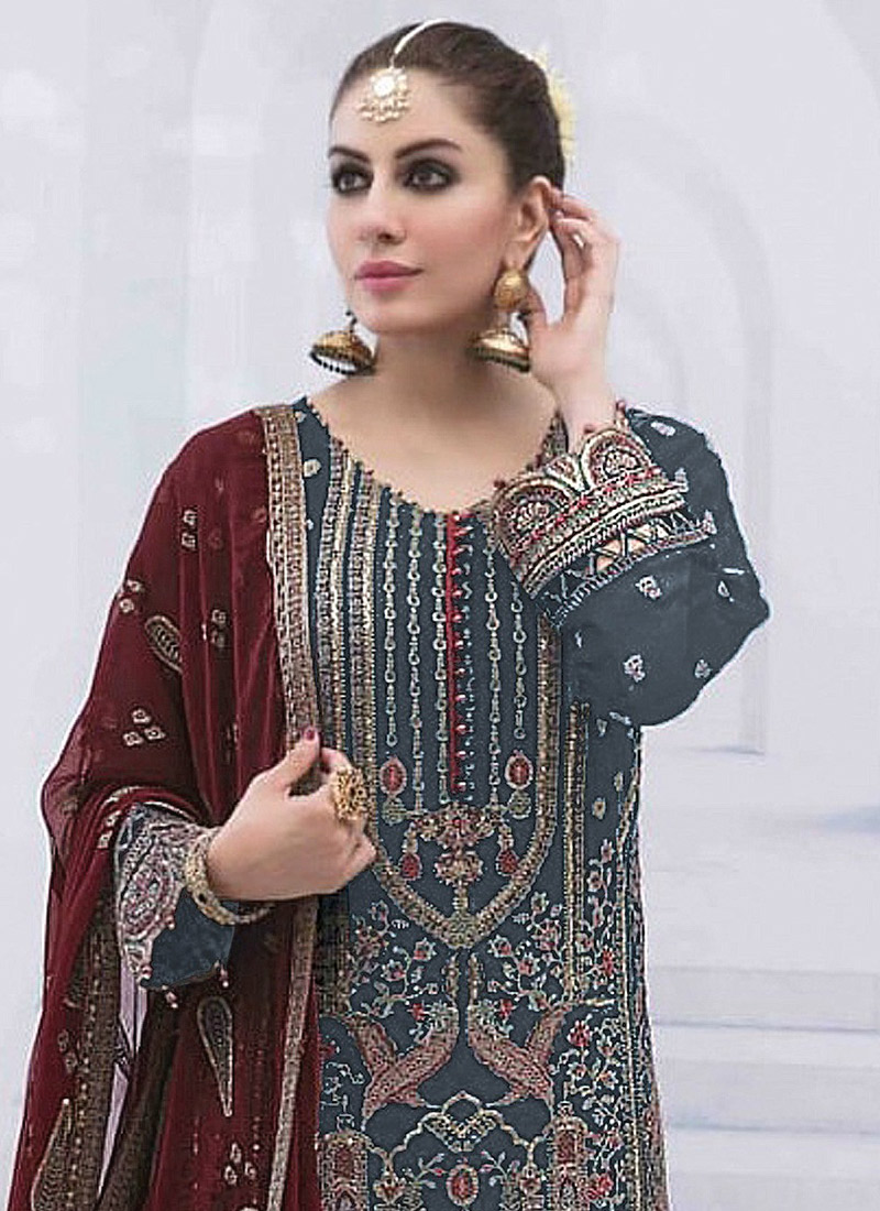 Shop Grey Georgette Embroidered Work Straight Pant Suit Party Wear ...