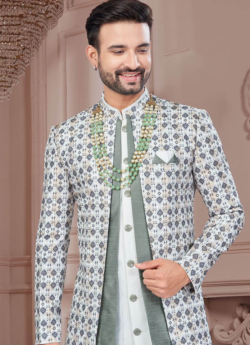 Buy Grey Jacquard Banarasi Silk Digital Print Thread Work ndowestern ...