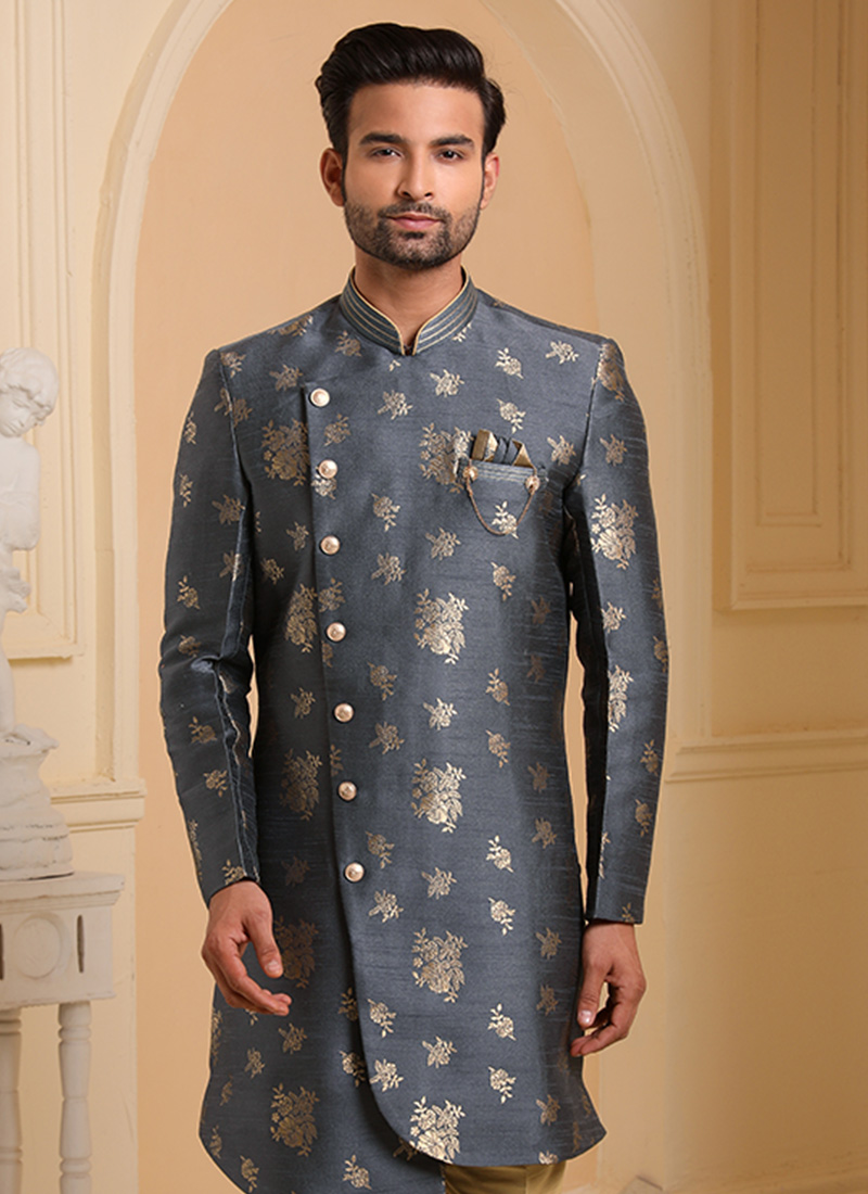 Shop Grey Jacquard Silk Brocade Indowestern Sherwani Party Wear Online ...