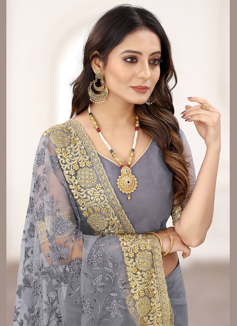 Shop Grey Net Embroidered and Stones Designer Saree Festive Wear Online ...