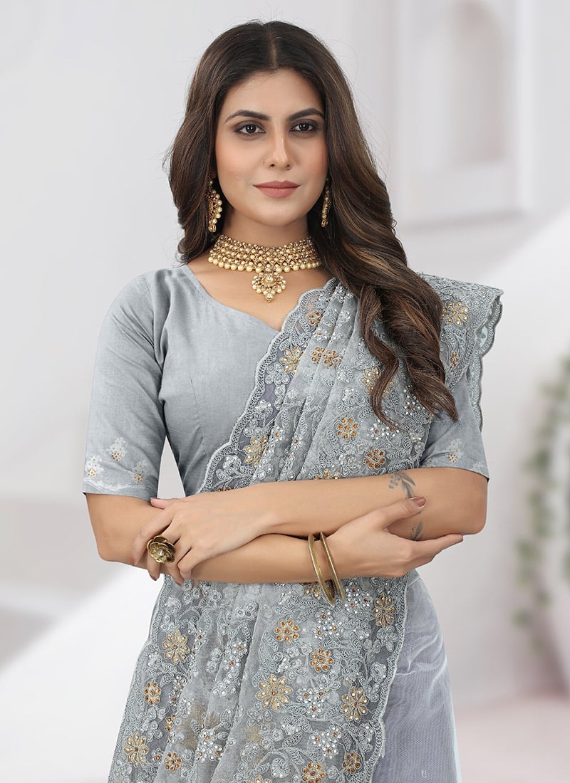 Shop Grey Net Embroidered Saree Party Wear Online at Best Price | Cbazaar