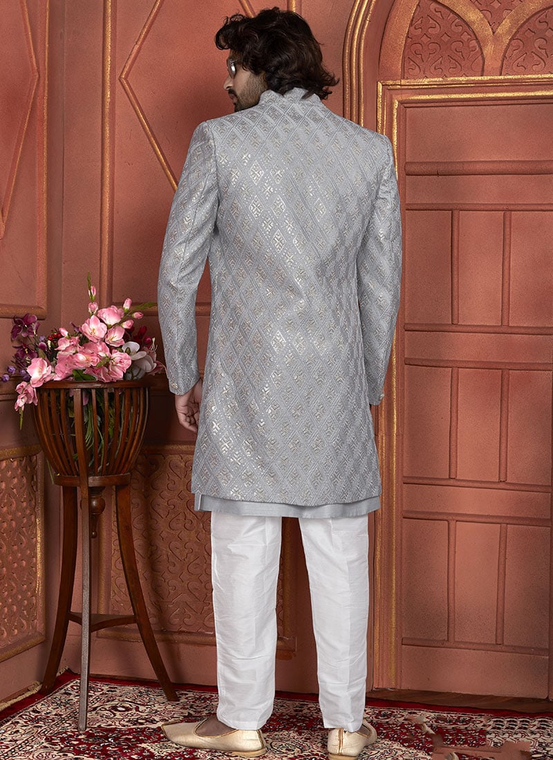 Shop Grey Silk Embroidered Indowestern Sherwani Pakistani Style Wedding ...