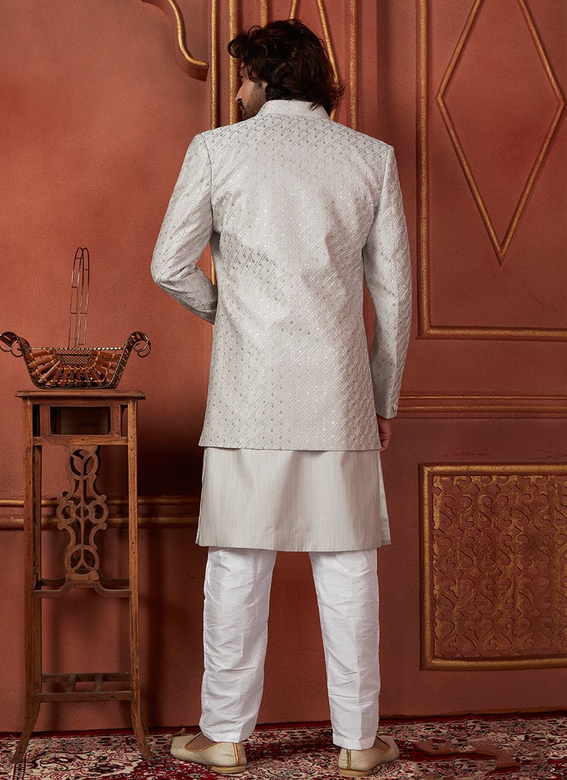 Shop Grey Silk Sequins Indowestern 3 Piece Jacket Style Sherwani Party ...
