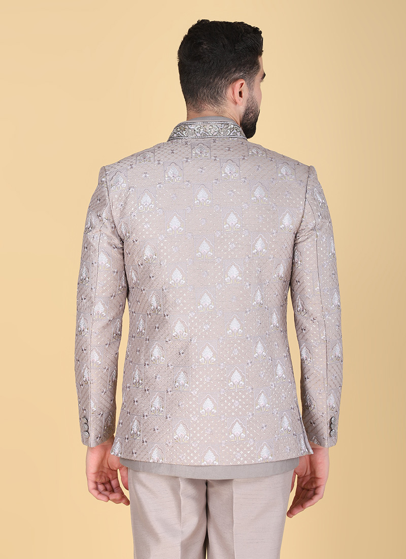 Shop Grey Silk Thread Cutdana Hand Embroidered Jodhpuri Suit Wedding ...