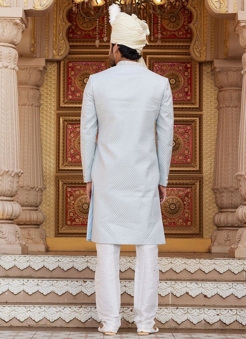 Shop Grey Silk Thread Hand Embroidered Classic Sherwani Wedding Wear ...