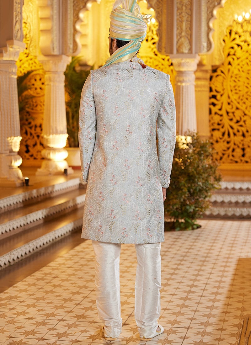 Buy Grey Silk Thread Hand Embroidered Classic Sherwani Wedding Wear ...