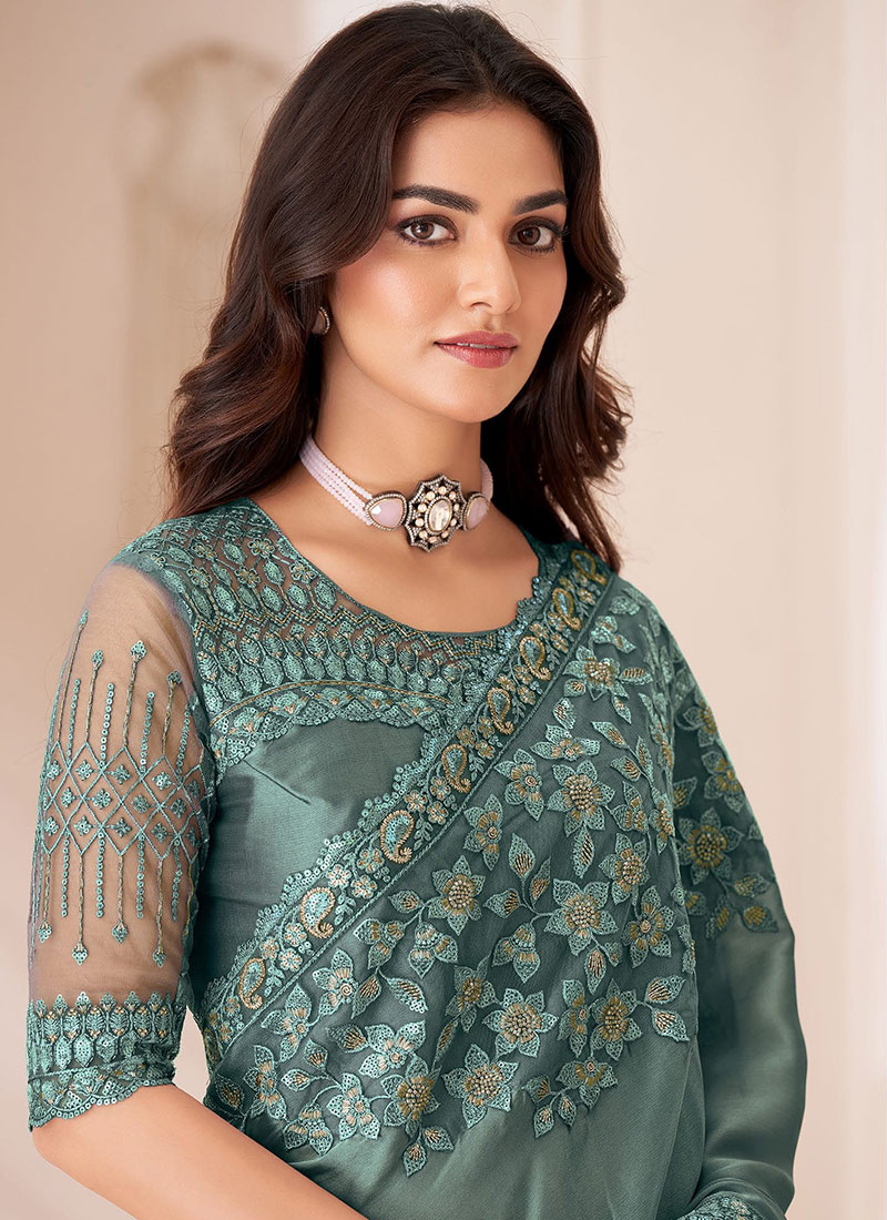 Shop Greyish Blue Embroidered And Sequins With Beads Thread Work Saree ...