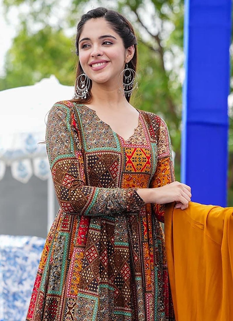 Buy Indian Casual Wear Anarkali Gown In Beige Rayon Digital Print With ...