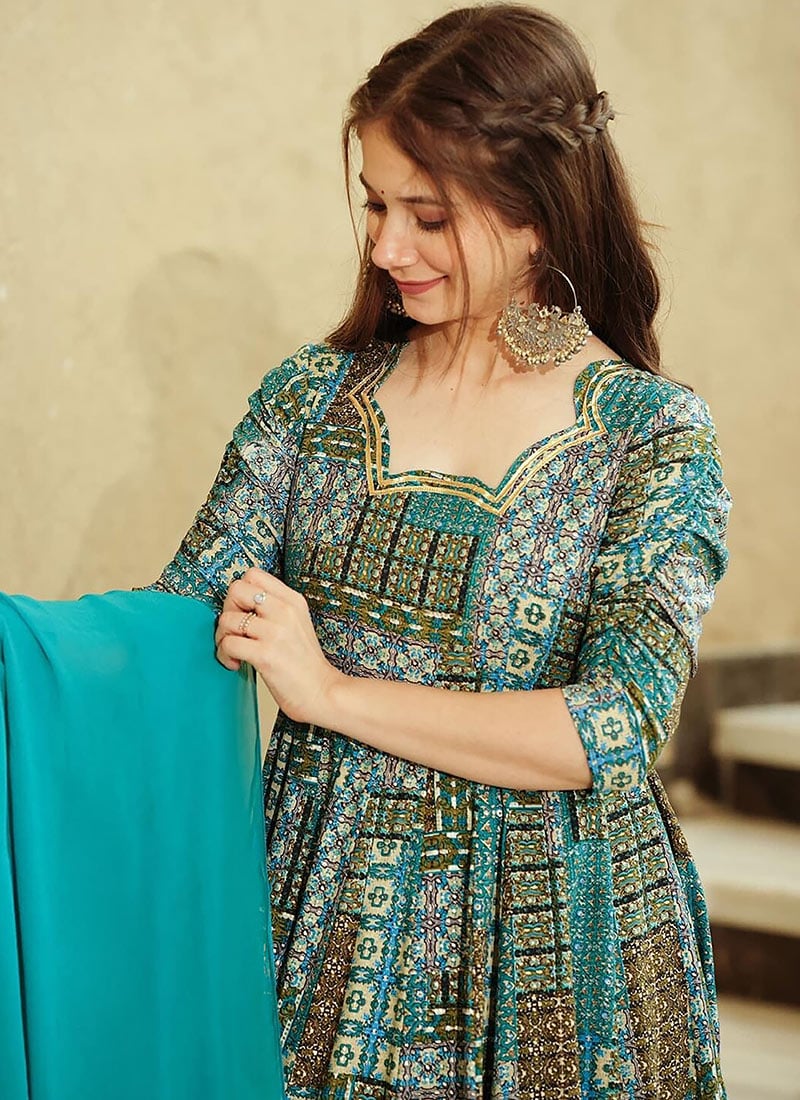 Buy Indian Casual Wear Anarkali Gown In Blue Rayon Digital Print With ...