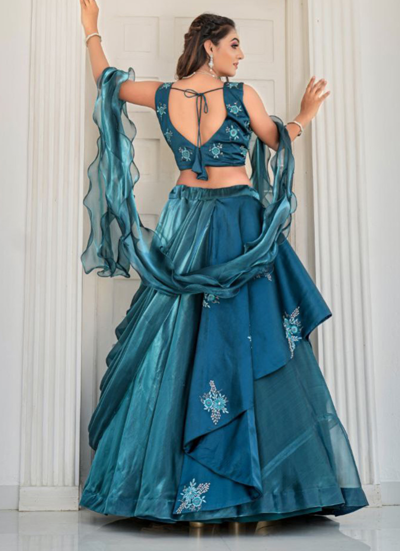 Shop Indian Party Wear Blue Embroidered Sequins Zari Umbrella Lehenga ...