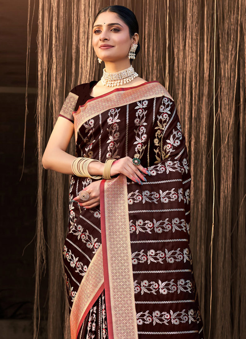 Shop Indian Traditional For Women In Brown Silk Zari Saree Festive Wear ...