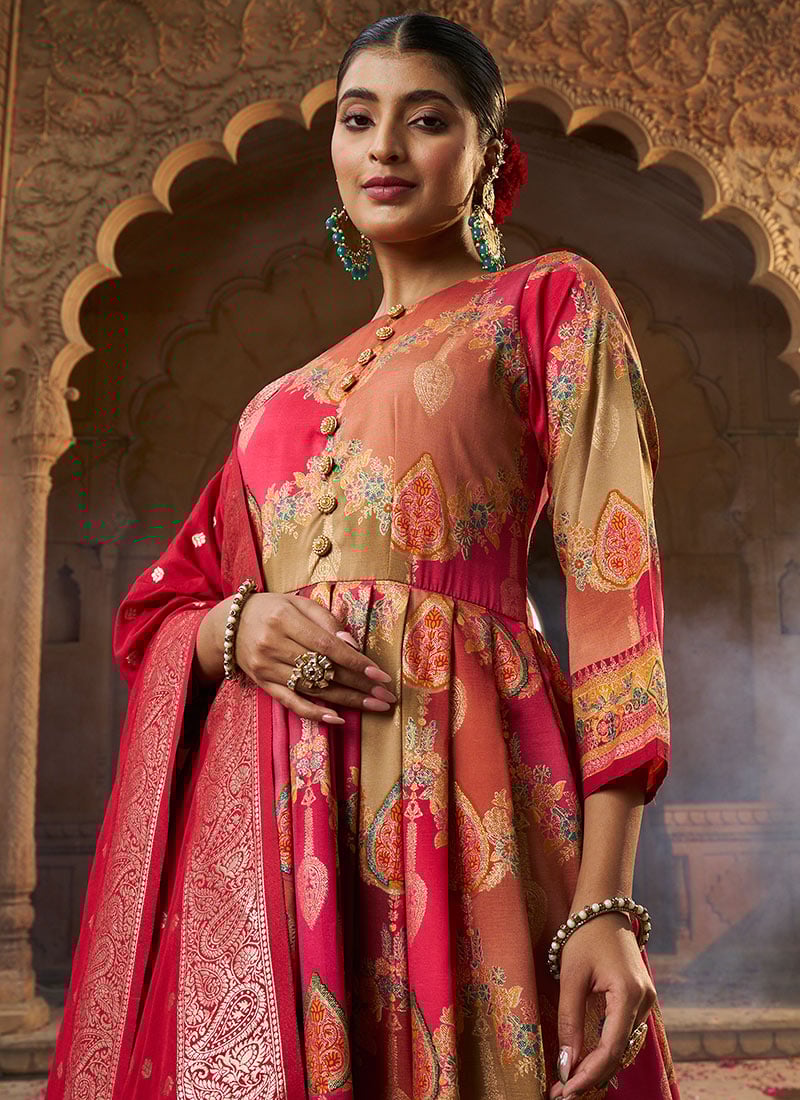 Buy Indian Women Anarkali Gown In Multicolor Silk Cotton Jacquard Print ...