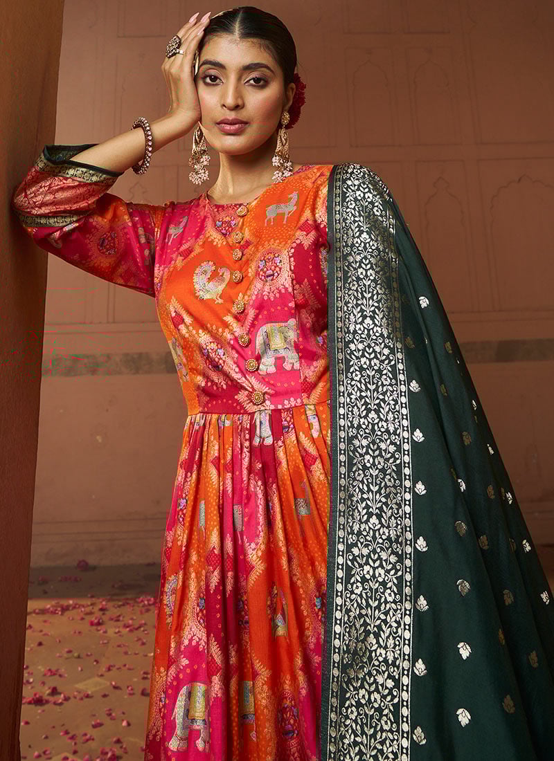 Shop Indian Women Anarkali Gown Orange Silk Cotton Jacquard Animal ...