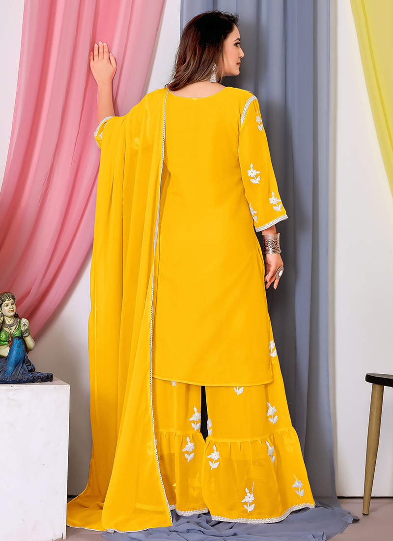 Shop Indian Women Mustard Georgette Embroidered Sharara Suit And ...