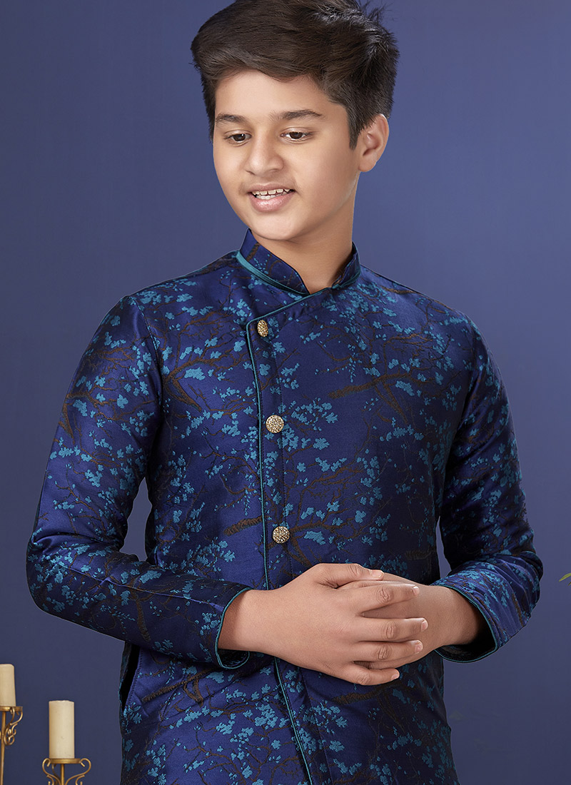 Shop Indigo Blue Jacquard Silk Boys Indowestern Sherwani Party Wear ...