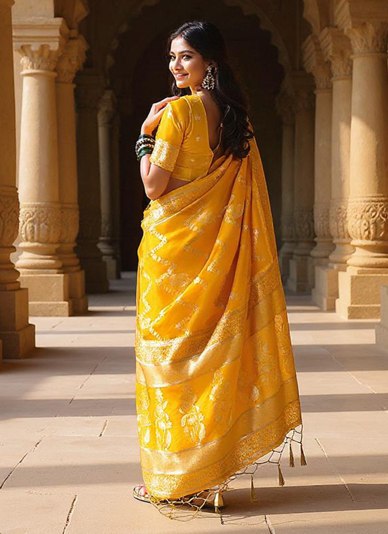 Shop Jacquard Dola Silk Yellow Woven Classic Saree For Indian Women Festive Wear Online at Best ...