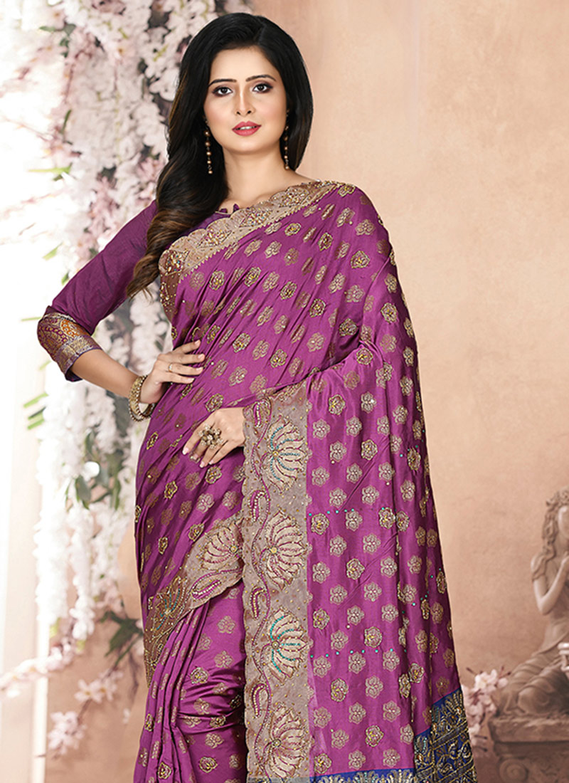 Buy Jam Purple Kanjeevaram Silk Hand Work Saree Festive Wear Online at ...