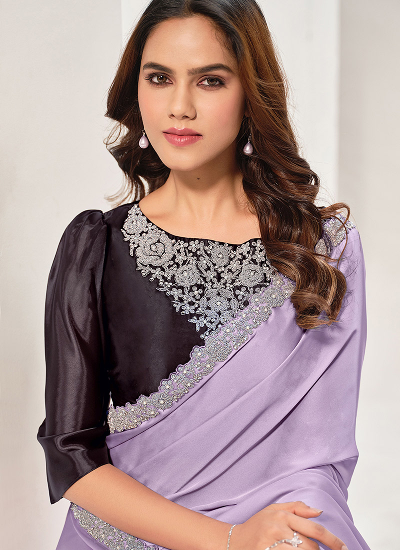 Shop Lavender Crepe Satin Silk Hand Work Zardosi Saree Elegance Wedding ...