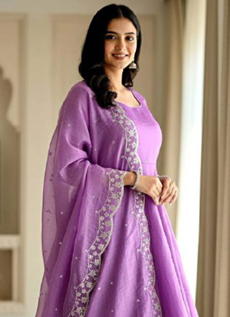 Shop Lavender Crush Silk Embroidered Anarkali Suit Festive Wear in ...
