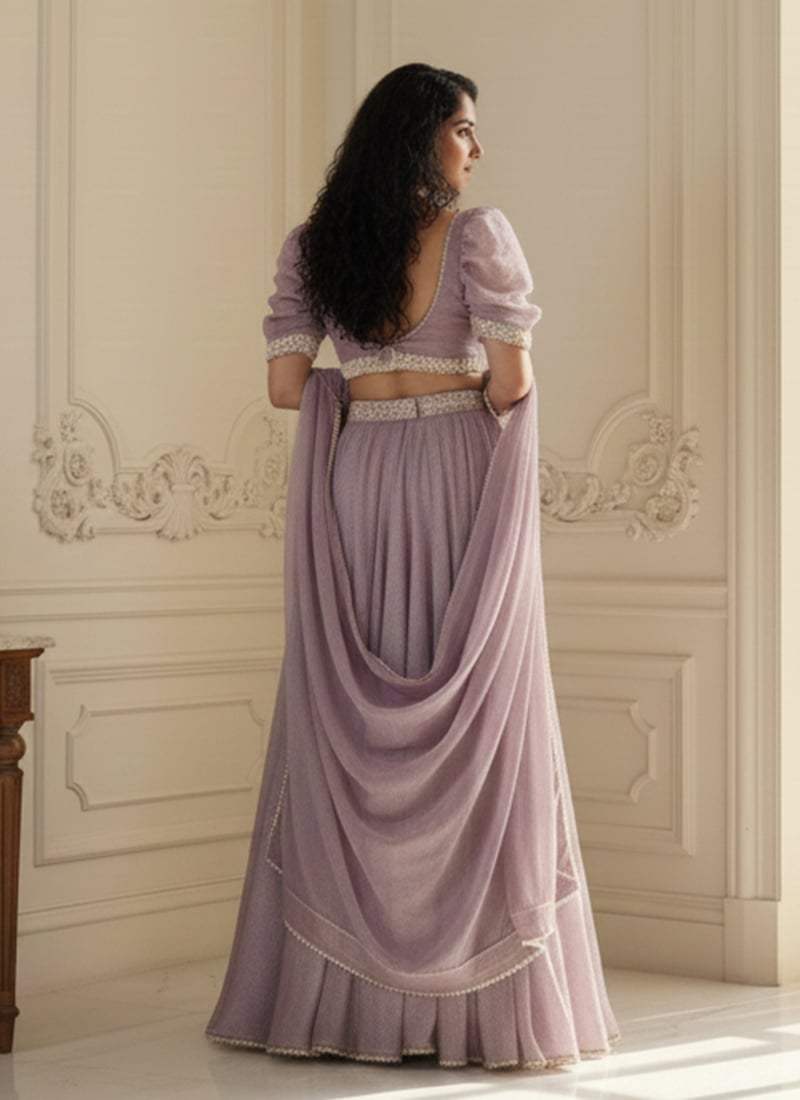 Buy Lavender Embellished Puff Sleeve Blouse With Fendy Silk Lehenga Set ...