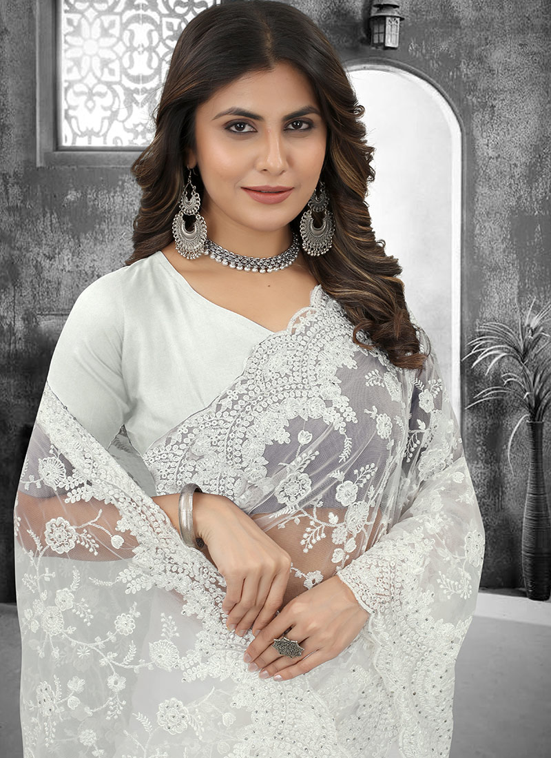 Shop White Net Embroidered Saree Party Wear Online at Best Price | Cbazaar